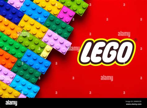 Close Up Of Colorful Lego Blocks With The Lego Logo Over Red Background Illustrative Editorial