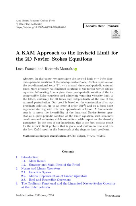Pdf A Kam Approach To The Inviscid Limit For The 2d Navierstokes Equations