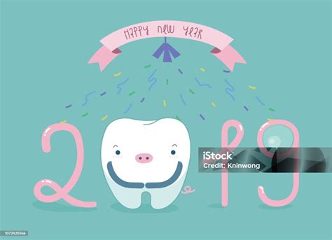 새 해 복 많이 받으세요 2019 치과 돼지의 이빨 단일 흰 치아 건강 한 치아 구강 위생 현대 평면 만화 캐릭터 일러스트 레이 터 케어 아이 치과 및 치과 개념에 대 한