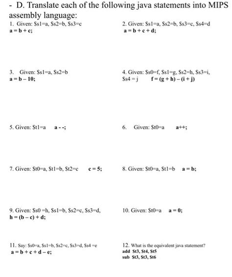 Solved D Translate Each Of The Following Java Statements