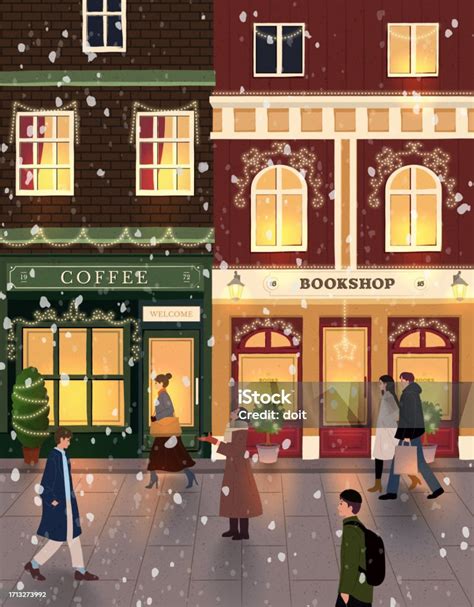 메리 크리스마스 새해 복 많이 받으세요 눈 속에서 거리를 걷는 사람들이 있는 도시 파노라마 유럽의 구시가지 아늑한 건물 겨울 휴가 배경 크리스마스 이브 밤 트렌디한 손으로