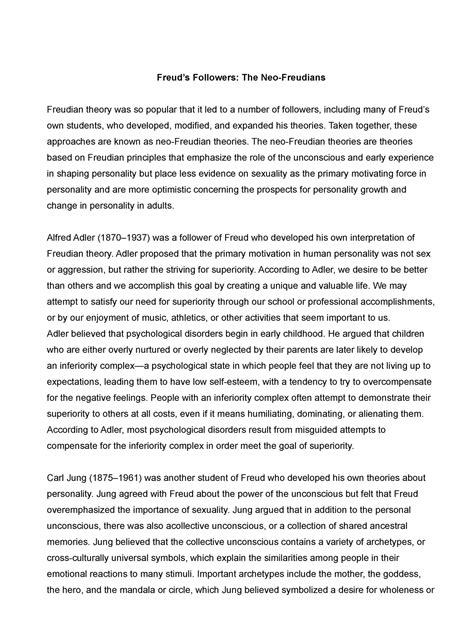 Psyc 76 Psyc 76 Notes Freuds Followers The Neo Freudians Freudian Theory Was So Popular