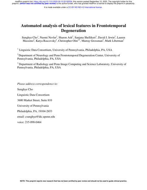 Pdf Automated Analysis Of Lexical Features In Frontotemporal Degeneration