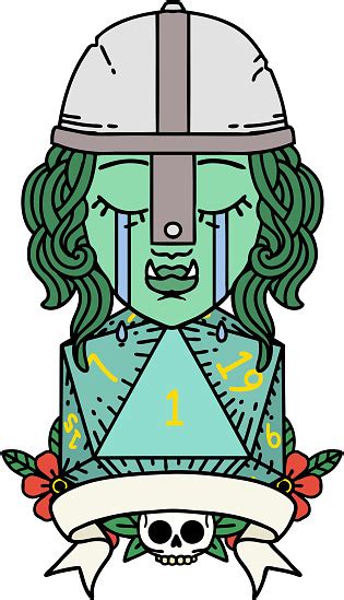 복고풍 문신 스타일 우는 오크 전투기 캐릭터 자연 하나 D20 롤 굴리기에 대한 스톡 벡터 아트 및 기타 이미지 굴리기