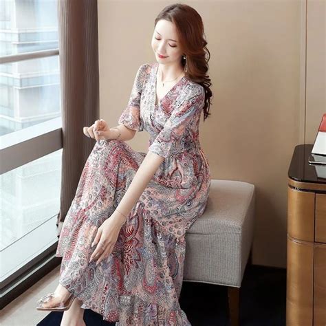 여성용 빈티지 플로럴 프린트 맥시 드레스 캐주얼 비치 플레어 슬리브 우아한 사무실 숙녀 미디 드레스 봄 여름 2021