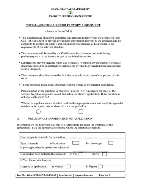 Initial Questionnaire For Factory Assessment Pdf Business Business Process