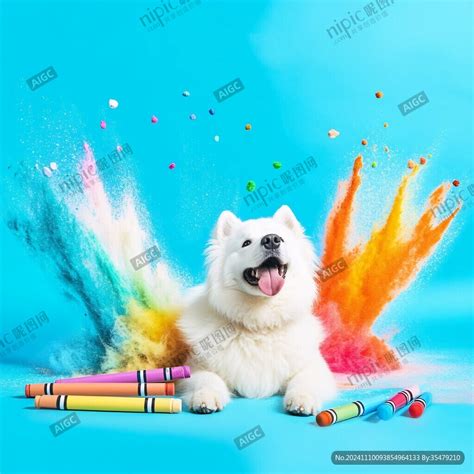 Ai创作图炫彩狗年 狗狗彩绘 狗狗创意 小狗创意 原创插画萨摩耶 宠物美容宠物拍照 狗狗写实插画 彩色铅笔创意图片 彩色画芯绚丽色彩 小狗绘画