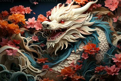 Japanese Dragon In The Style Of Detailed Multi Layered Compositions Close Up Colorful Bright