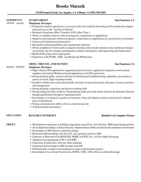 Mainframe Developer Resume Samples Velvet Jobs