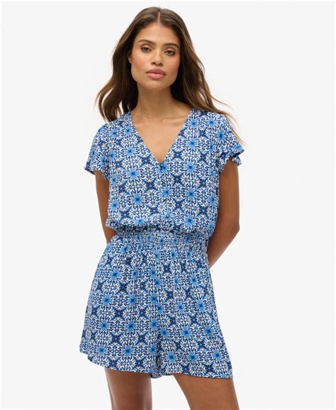 Womens Short Sleeve Printed Playsuit In Tala Tile Border Blue Superdry Uk