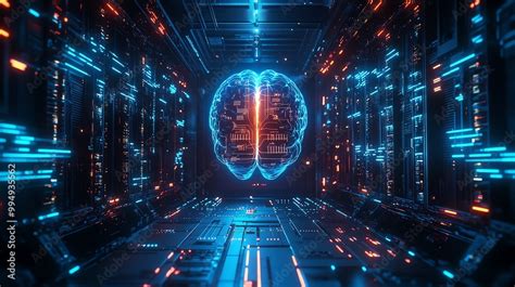 Scifi Supercomputer With An Ai Brain At Its Core Glowing In Neon Blue With Futuristic Circuits