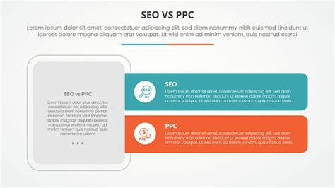 Seo 대 Ppc 광고 비교 큰 상자와 플랫 스타일의 긴 직사각형 모양으로 슬라이드 프레젠테이션을 위한 인포그래픽 개념 반대 0명에 대한 스톡 벡터 아트 및 기타 이미지