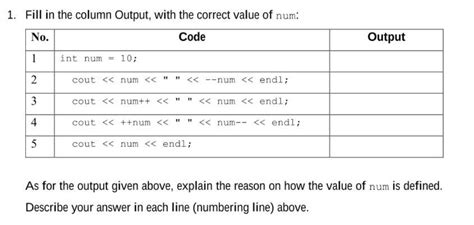 Solved Fill In The Column Output With The Correct Value Chegg