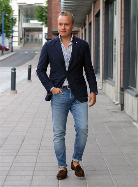 Navy Blazer Blue Striped Shirt Blue Jeans Brown Suede Loafers