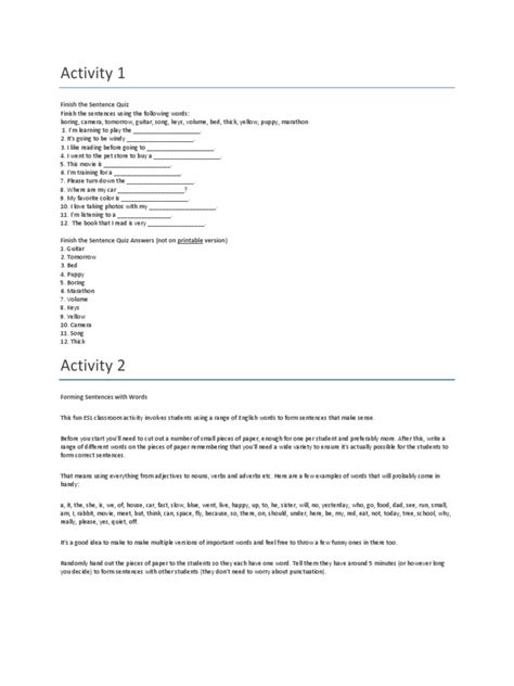 Fun Class Activities Pdf English Language Quiz