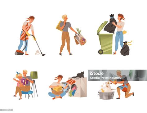 매일의 일과를 하는 주부 바닥을 진공 청소기로 청소하고 쓰레기를 던지고 빨래를 하고 딸에게 책을 읽는 젊은 남자 벡터 삽화 가사 집안일에 대한 스톡 벡터 아트 및 기타
