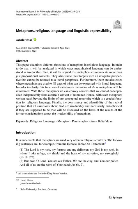 Pdf Metaphors Religious Language And Linguistic Expressibility
