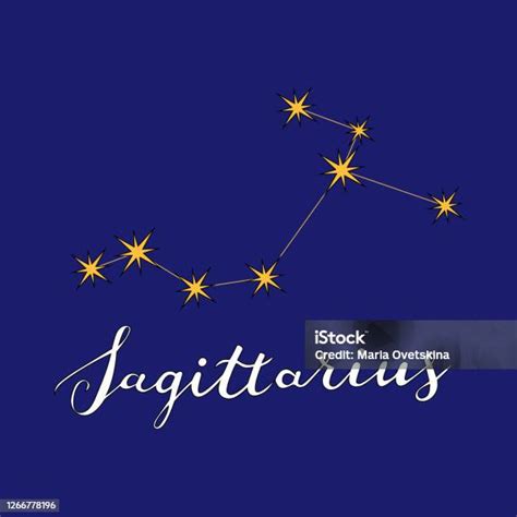 손 글자 점성술 점성술 벡터 일러스트레이션 어두운 파란색 배경에 고립 된 노란색 별과 선으로 만든 별자리 조디악 기호 0명에