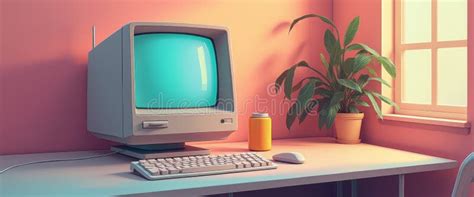 Retro Computer Setup In A Cozy Room Stock Image Image Of Pastel Home