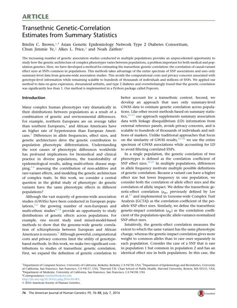 Pdf Transethnic Genetic Correlation Estimates From Summary Statistics