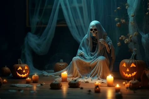 Human In Spooky Ghosts Costume Flying Inside The Old House Or Forest At