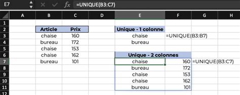 fonction unique excel tutoriel et exemples