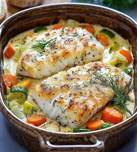 Mediterranean Style Baked Cod With Vegetables And Creamy Sauce