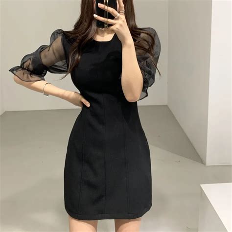 우아한 빈티지 와일드 메쉬 스플라이싱 모직 미니 드레스 여성용 솔리드 하이 웨스트 파티 드레스 2021 봄 신제품드레스