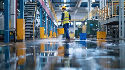 Premium Photo Sanitation Worker Cleaning And Disinfecting Factory Floors