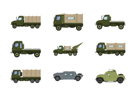 Military Machines And Armored Vehicles Isolated On White Background