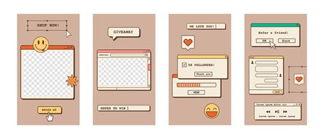 증기파 스타일의 스토리 템플릿 집합입니다 소셜 미디어 게시물의 향수 디자인 복고풍 80 년대 90 년대 미적 배경 오래된 컴퓨터 사용자 인터페이스와 그루비 배경 벡터