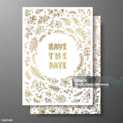 빈티지 초대장 결혼식 황금 잔 가지와 꽃 날짜 카드를 저장 합니다 골드 식물 장식으로 디자인을 커버 저장 날짜 초대장 인사말