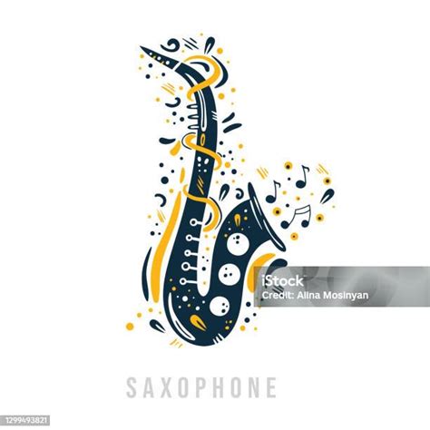 손으로 그린 색소폰에 메모 리본 점들이 그 주위에 있습니다 재즈에 대한 스톡 벡터 아트 및 기타 이미지 재즈 색소폰 음표 Istock