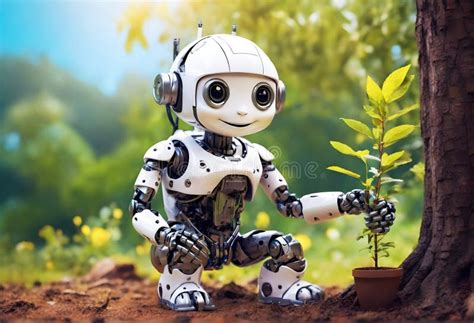 Cute Smiling Robot Planting A Tree Among Beautiful Nature Stock