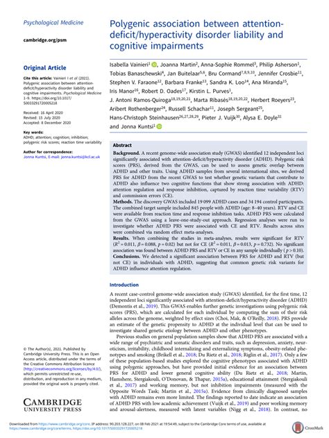 Pdf Polygenic Association Between Attention Deficit Hyperactivity Disorder Liability And