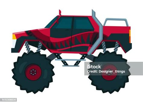 몬스터 트럭 큰 바퀴와 밝은 다채로운 만화 자동차 대형 타이어와 검은 색 색 창문이있는 무거운 차 격리 된 랠리 4x4 컴퓨터 또는 모바일 게임 4x4 자동차에 대한 스톡