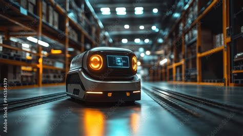 Autonomous Robot Navigating Smart Warehouse Scanning Inventory With Led Eyes Industrial Setting