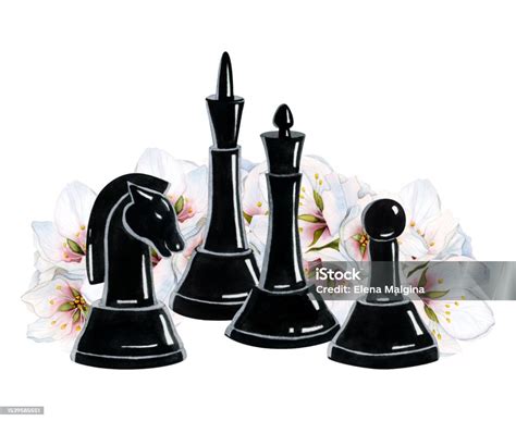 검은 왕 여왕 기사 전당포 체스 조각은 흰색과 분홍색 꽃이 있는 수채화 그림입니다 게임 스포츠 디자인을 위한 손으로 그린 사실적인 낭만적인 클립아트 부분의에 대한 스톡 벡터