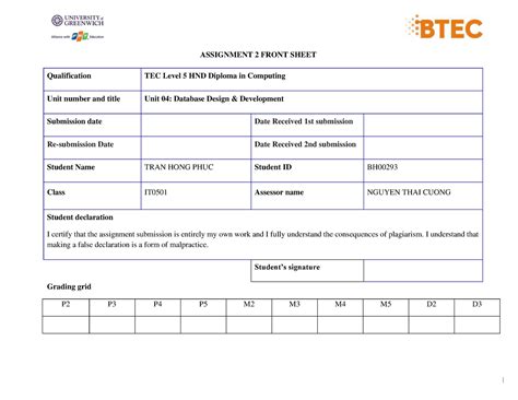 Asm 2 Ddd Tran Hong Phuc ưqss Assignment 2 Front Sheet Qualification Tec Level 5 Hnd Diploma