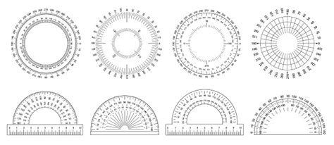 각도기 통치자 각도 측정 도구 원형 눈금 및 눈금자 표시가 있는 반원형 각도기 360도 및 180도 좌표 벡터 세트로 원 측정 각도에 대한 스톡 벡터 아트 및 기타 이미지