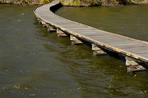 나무 판자로 만든 떠있는 산책로 기둥의 좁은 곡선 길은 호수 물 위 바닥으로 구동된다 난간이 없습니다 개별 원형 보드로 만든 더 많은 디자인 보도 가을 방파제 0명에 대한