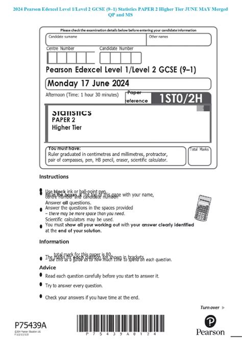 2024 Pearson Edexcel Level 1 Level 2 Gcse 9 1 Statistics Paper 2 Higher Tier June May Merged