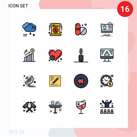 Mobile Interface Flat Color Filled Line Set Of 16 Pictograms Of Business Online Percentage Media