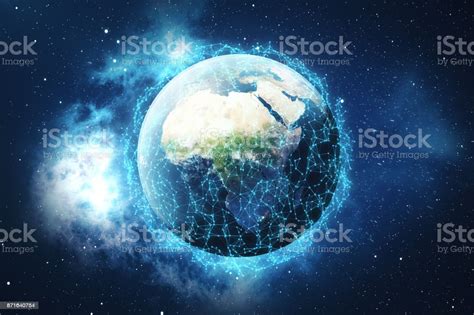 3d 렌더링 공간에서 지구를 통해 네트워크와 데이터 교환 연결 라인 지구 지구 주위 글로벌 국제 연결입니다 Nasa에서 제공 하는이 이미지의 요소 0명에 대한 스톡 사진 및