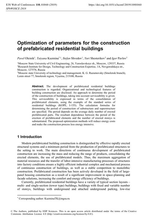 Pdf Optimization Of Parameters For The Construction Of Prefabricated Residential Buildings