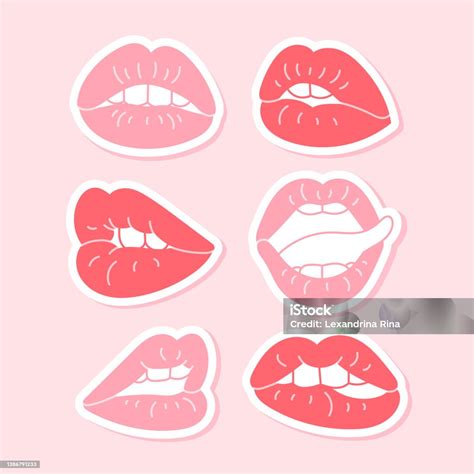 여성 입술 의 스티커 세트 입을 열고 닫은 입 치아 미용 및 화장품 아이콘 흰색 배경에 고립 된 검은 립스틱 플랫 만화 낙서 키스 마크에 대한 스톡 벡터 아트 및 기타