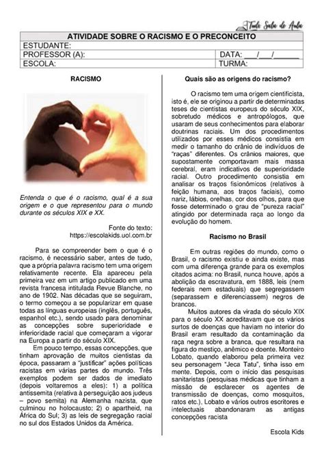 Atividade Sobre Racismo E Preconceito Dia Da Consciência Negra Tudo