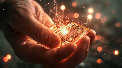 Hand Holding Glowing Microchip With Digital Sparks Stock Image Image Of Elements Tech 361280239