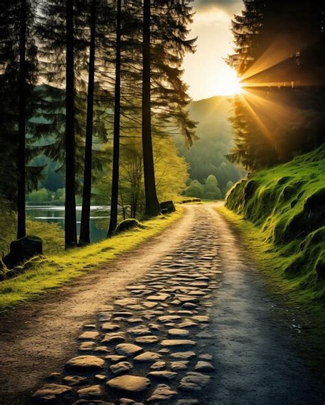 Cobblestone Path Landscape Leading Through A Lush Forest At Sunset Premium Ai Generated Image