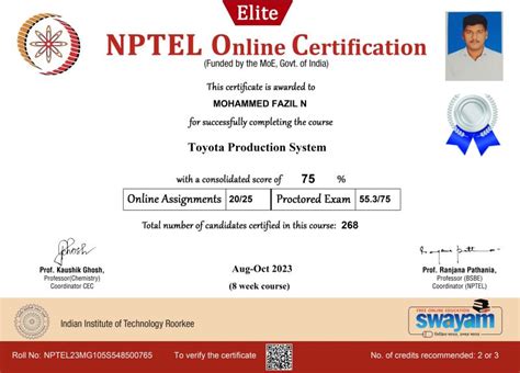 Nptel Swayam Coursecompletion Toyotaproductionsystem Iitroorkee